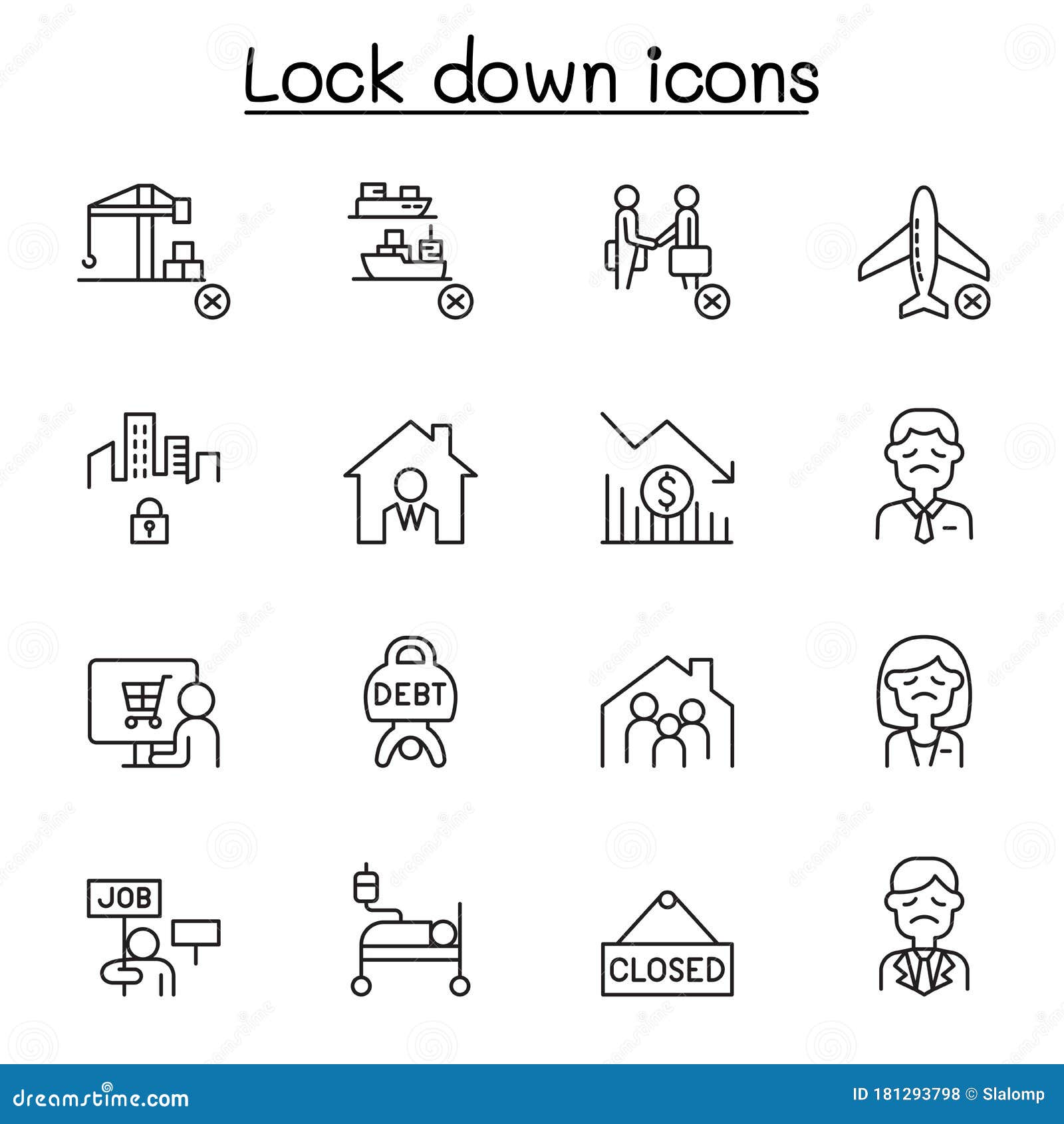 Lock Down Icons Set in Thin Line Style Stock Vector - Illustration of ...