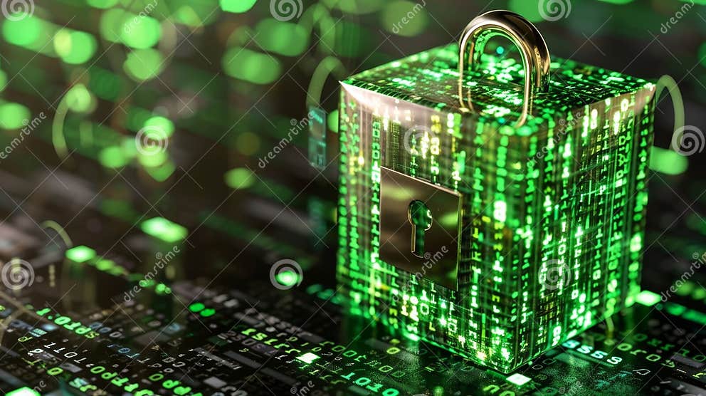 A Lock Embedded within a Binary Code Cube with Data Streams Flowing ...