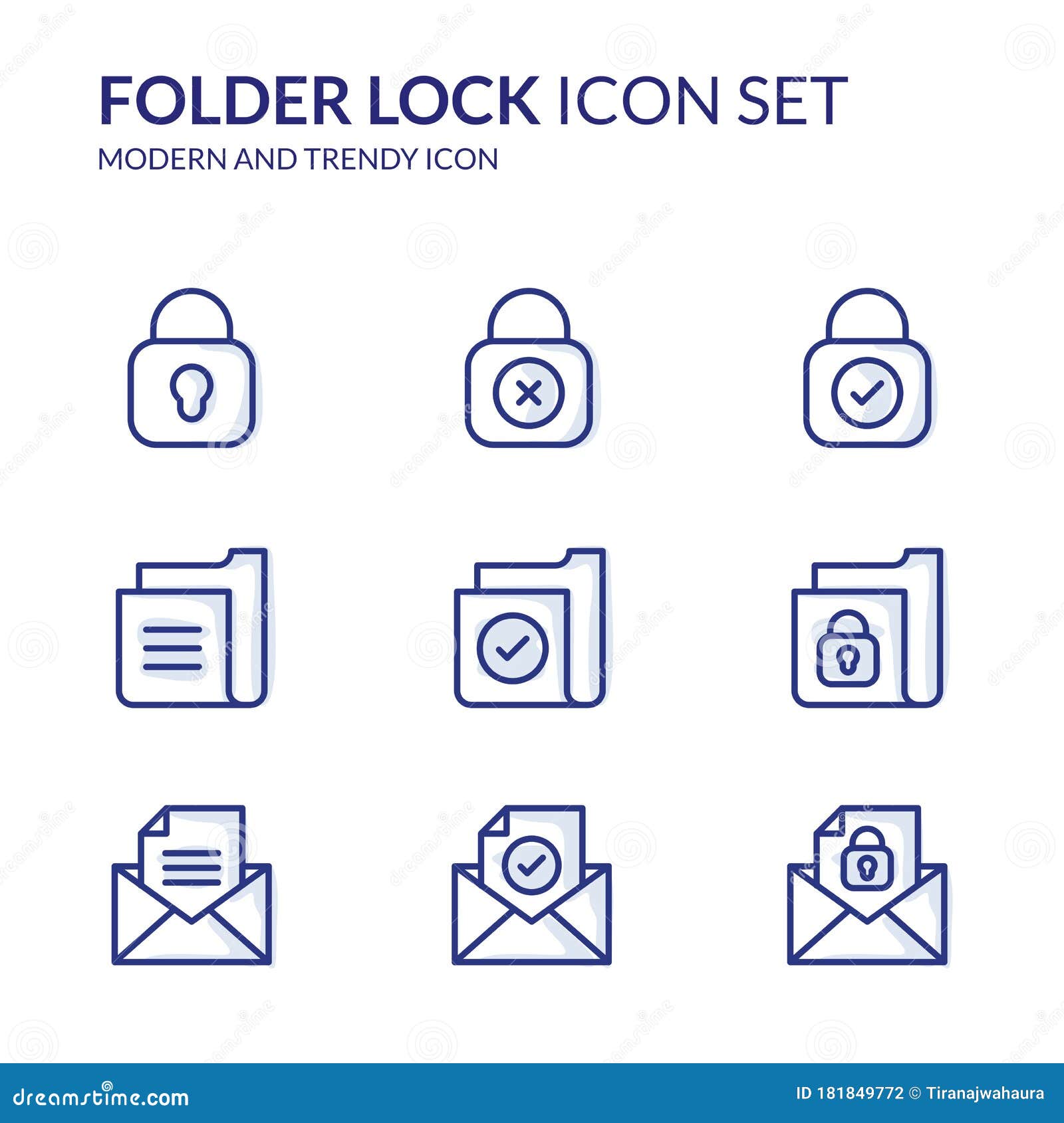 Lock And Folder Icon Set, With Blue Doodle Design. Vector Illustration ...