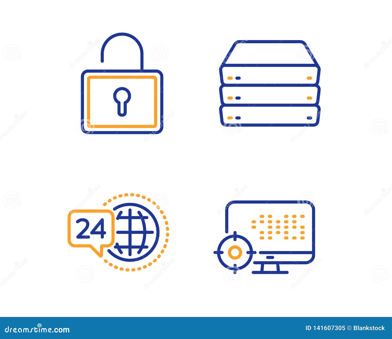 Lock, 24h Service and Servers Icons Set. Seo Sign. Private Locker, Call ...