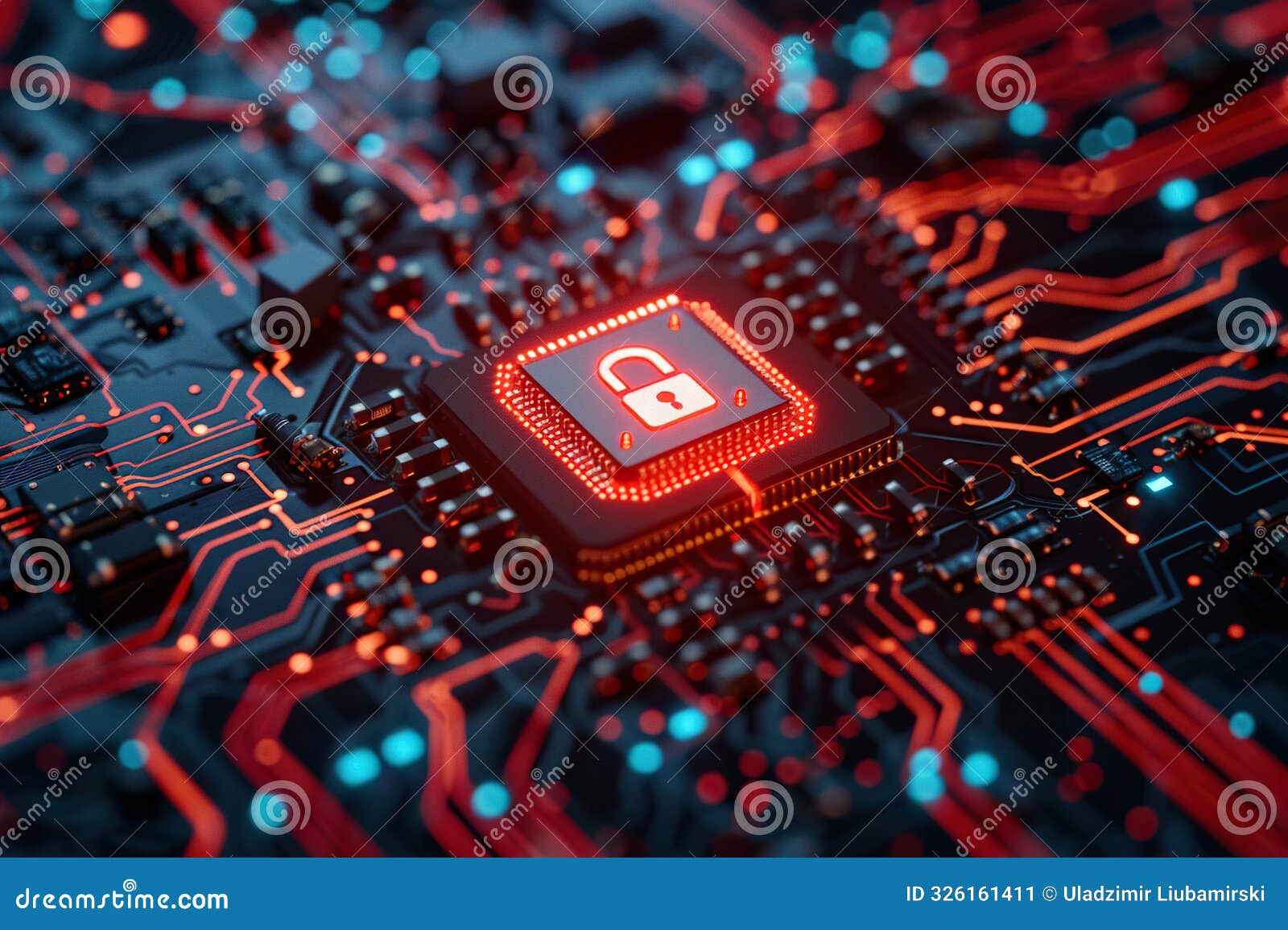 Lock Icon on a Chip with a Red Neon Glow. Computer Data Protection and ...