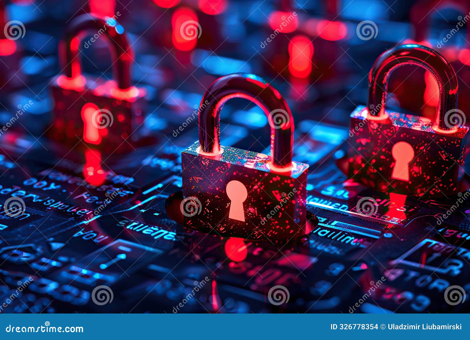 Lock Icon on a Chip with a Red Neon Glow. Computer Data Protection and ...