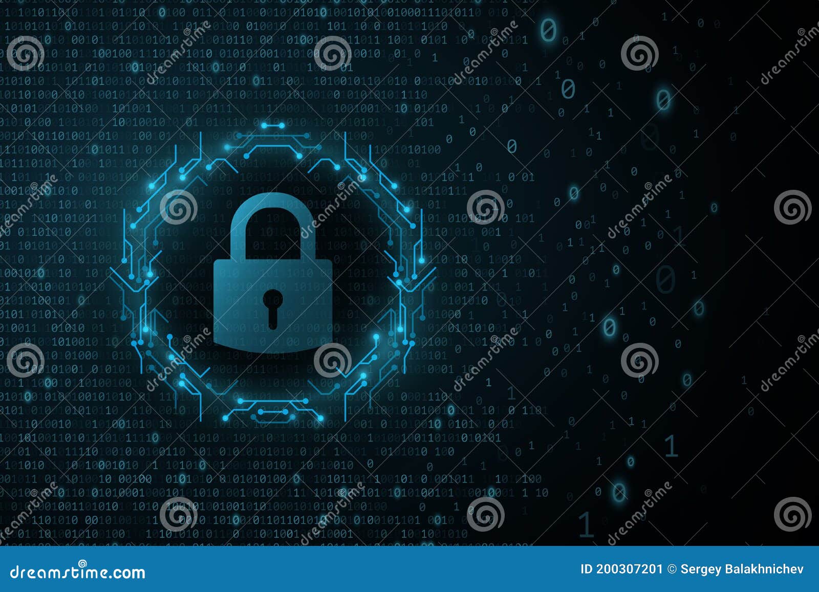 Lock Icon in Frame of Circuit Computer Board with Glowing Software Binary Code. System Security ...