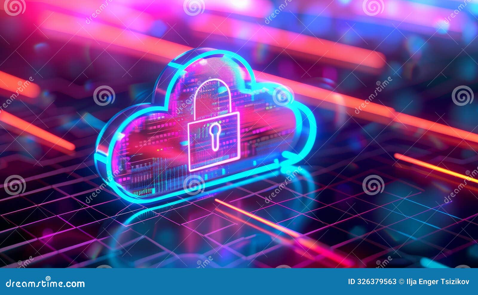 Lock Icon in Translucent Cloud on Neon Grid Background for Digital ...