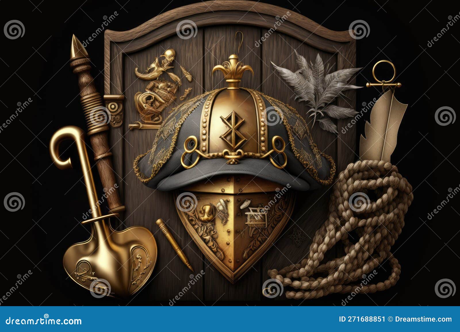 Lock and Key, Gold Coins, Sabre, and Triangle Hat in a Wooden Chest ...