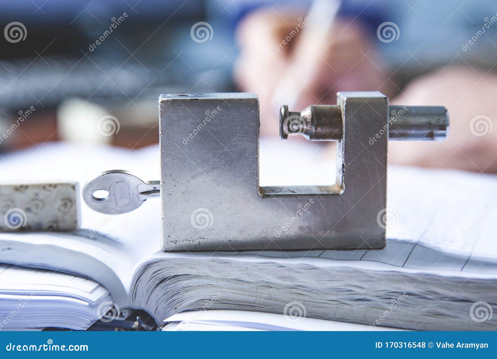 Lock with key on desk stock photo. Image of metal, security - 170316548