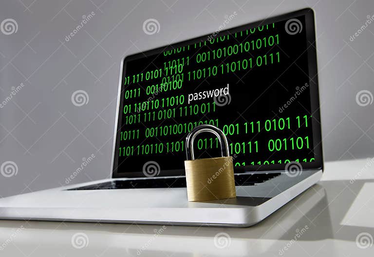 Lock on Keyboard of Computer Laptop with Binary Code and Password Text ...