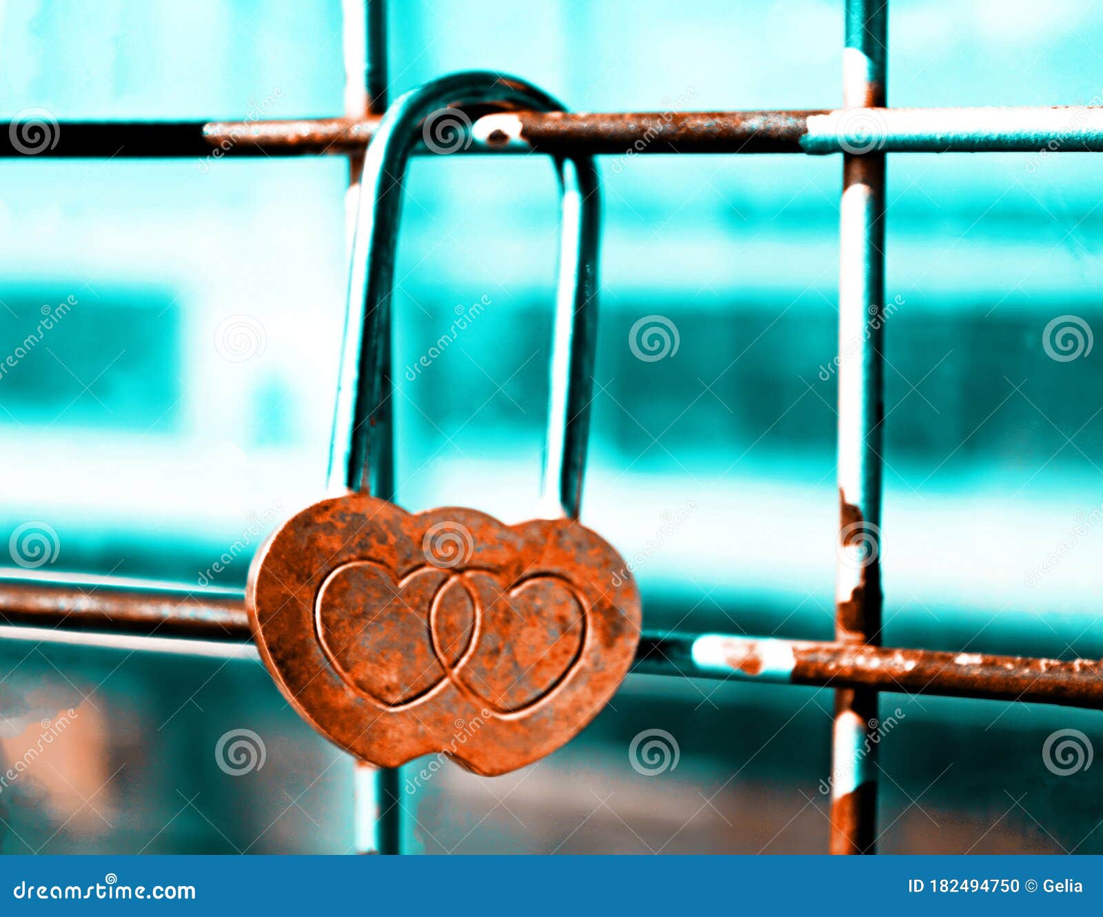 Lock Made of Rusty Hearts Fixed on a Grid. Teal and Orange Filter Stock ...
