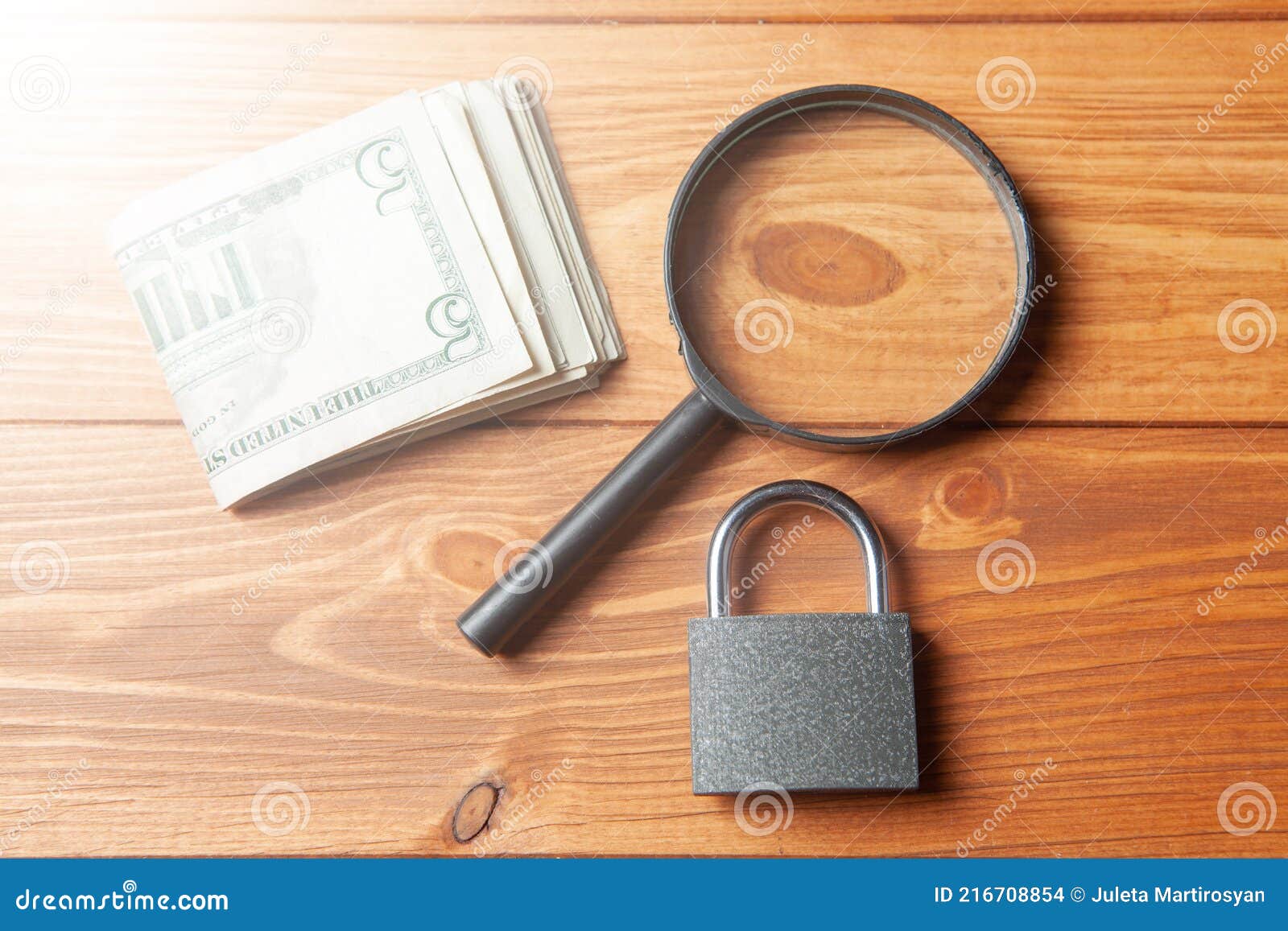 Lock, magnifier and money stock photo. Image of close - 216708854