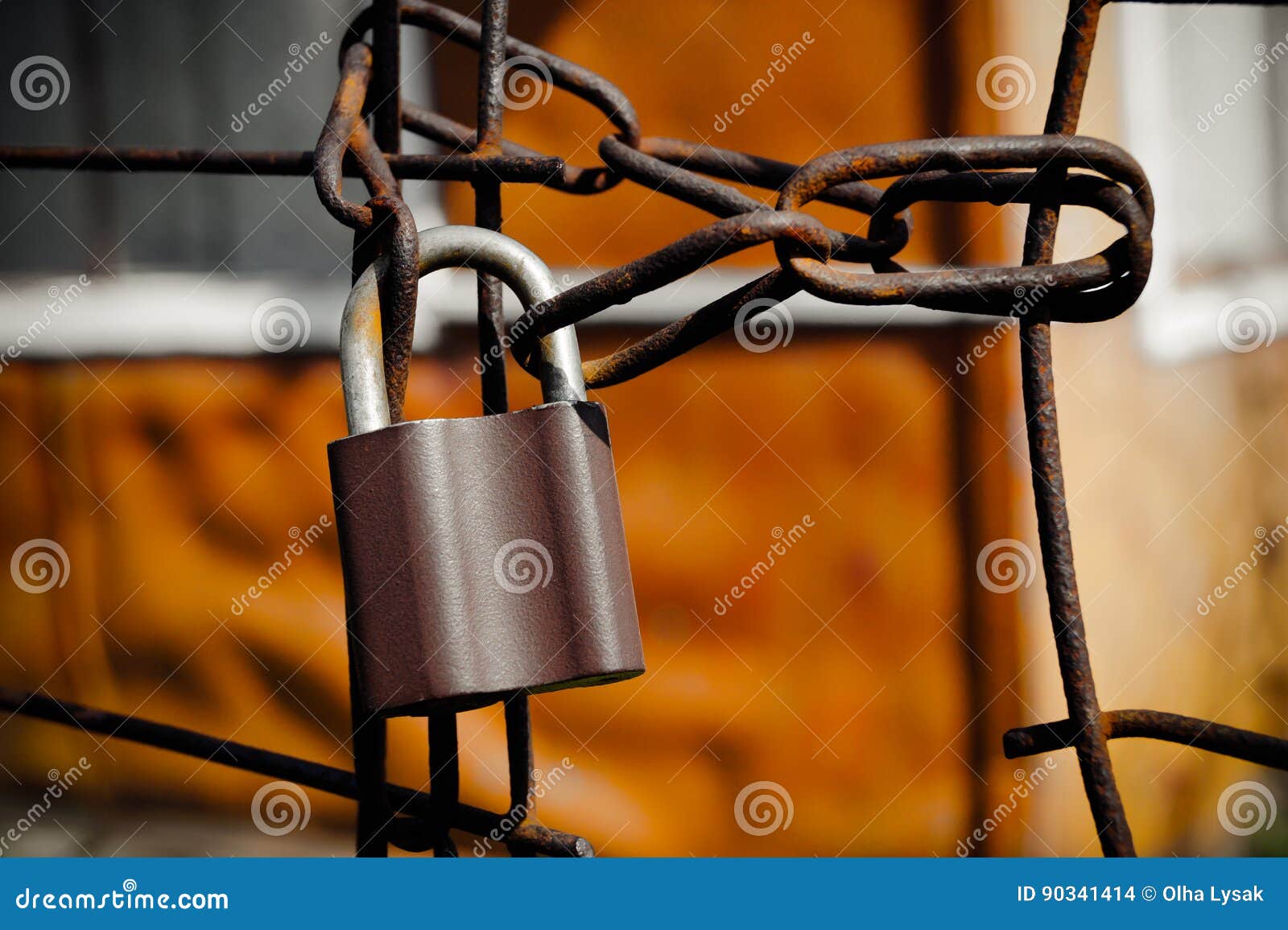 Lock on a metal iron chain stock photo. Image of tool - 90341414