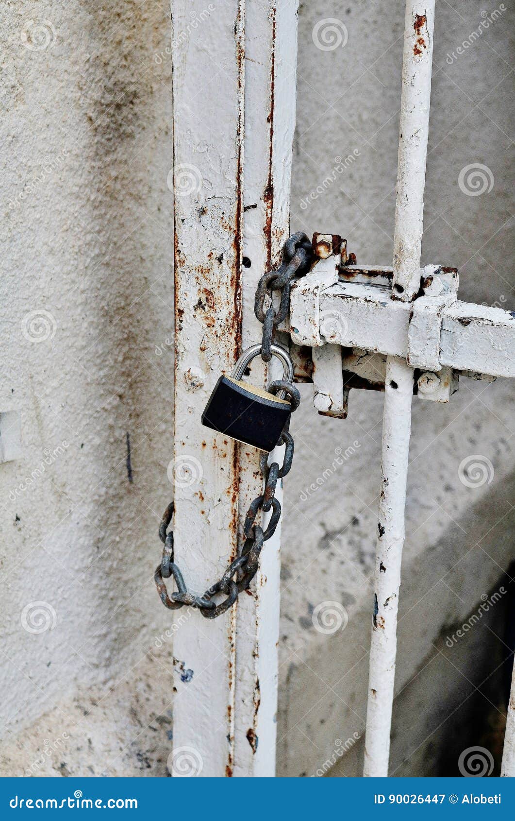 A Lock on an Old White Rusty Gate Stock Image - Image of safety, view ...