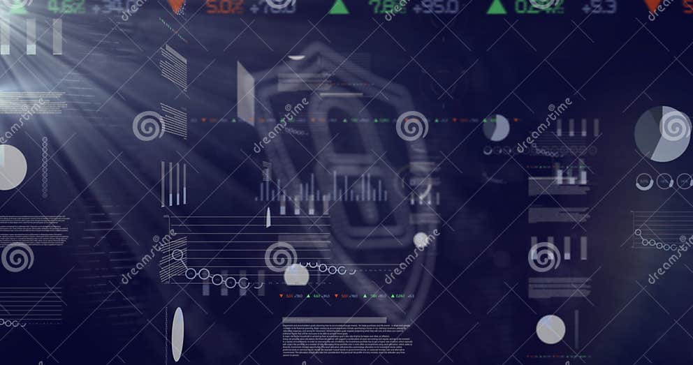 Lock and Shield Icon Image Over Data Charts and Graphs on Dark ...