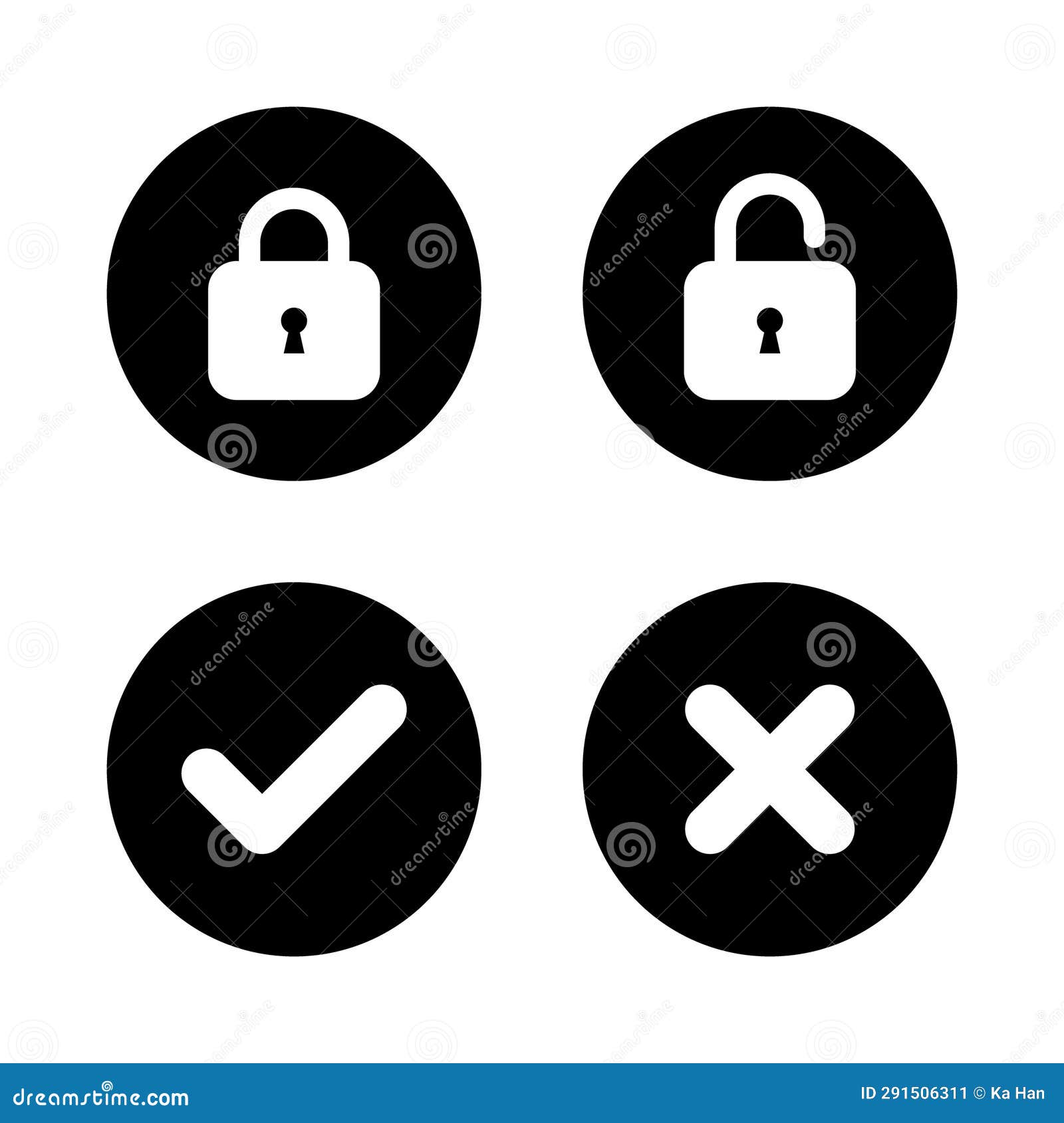 Lock, Unlock, Check and X Cross Icon Vector in Black Circle Stock ...