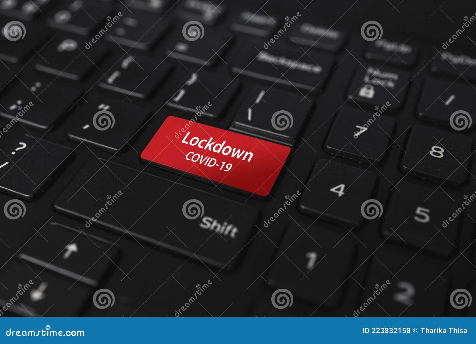 Lockdown covid-19 button. stock photo. Image of keyboard - 223832158