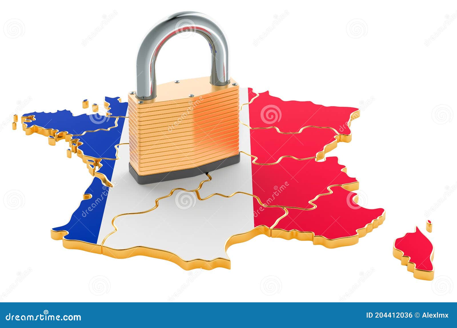 Lockdown in France. Padlock with Map, Border Protection Concept Stock ...