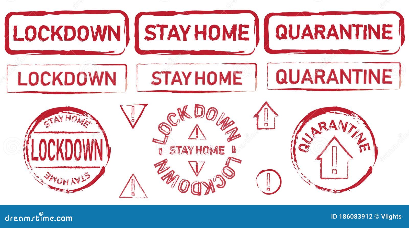 Lockdown, Stay Home and Quarantine Stamps in Red Stock Vector ...