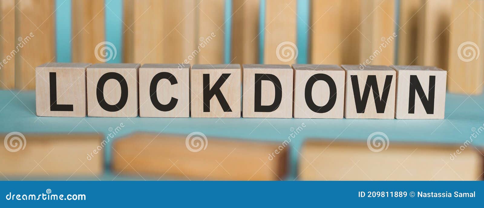 LOCKDOWN Word Written on Wooden Blocks on Light Blue Background Stock ...