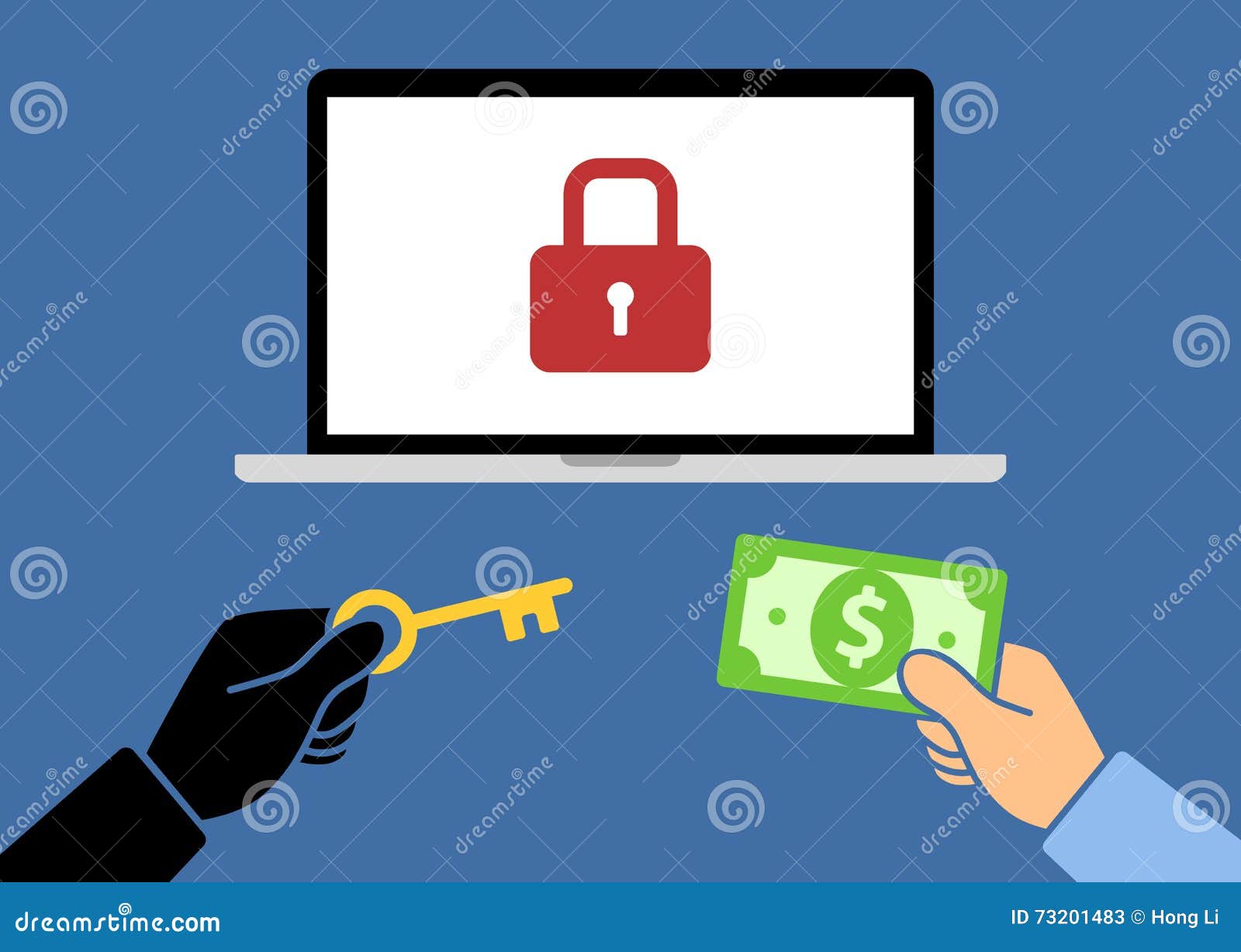 Locked Computer Ransomware with Hands Holding Money and Key Flat Vector ...