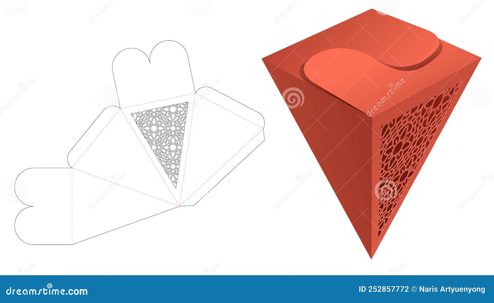 Locked Flip Pyramid Box with Stenciled Pattern Die Cut Template and 3D ...