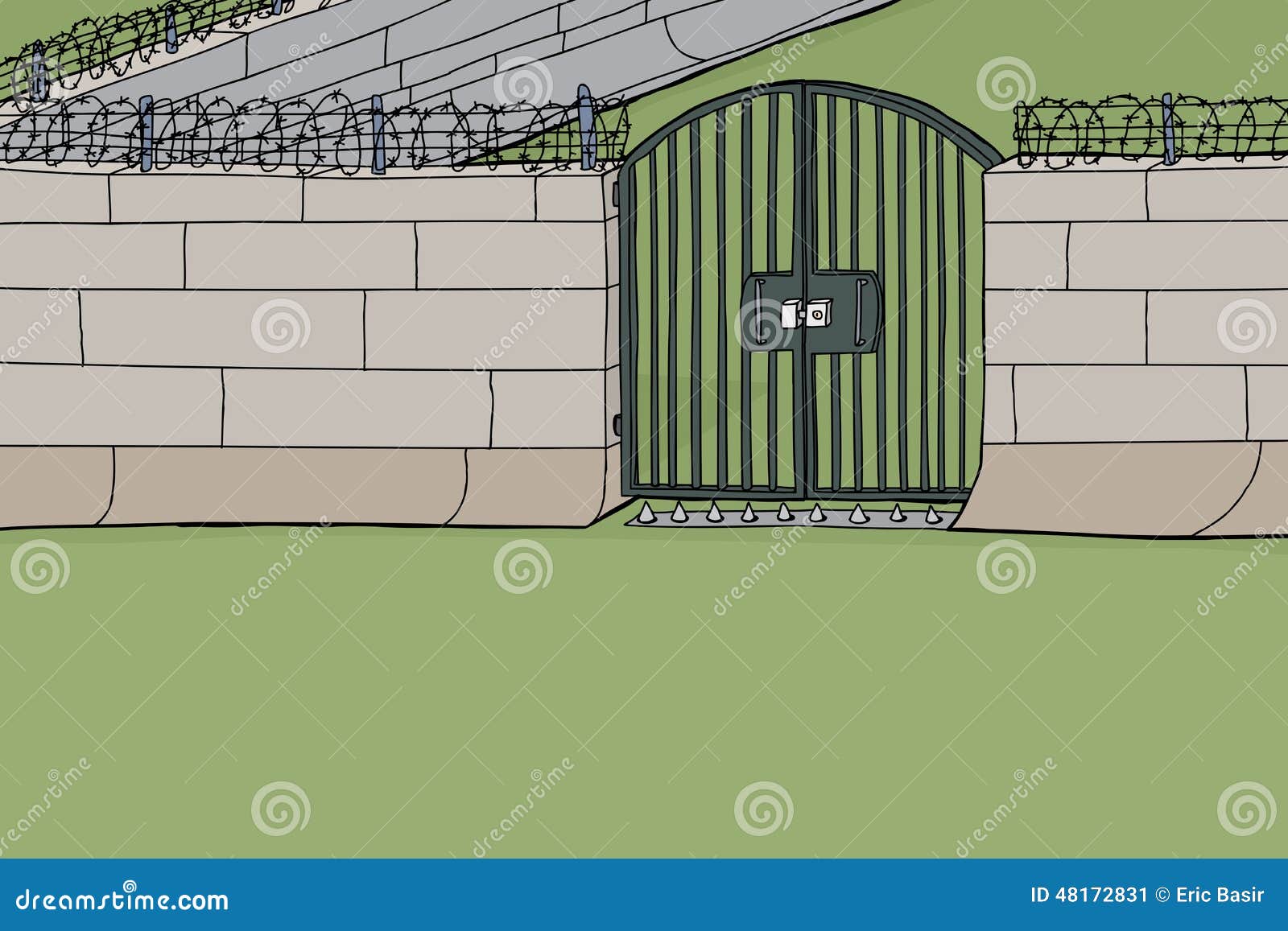 Locked Gate with Barbed Wire Stock Vector - Illustration of drawn ...