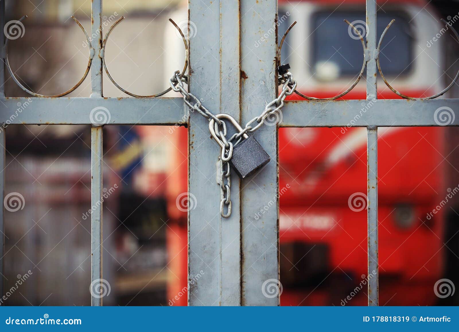Locked Padlock Hanging on Chain on Closed Gate To Railway Stock Image ...
