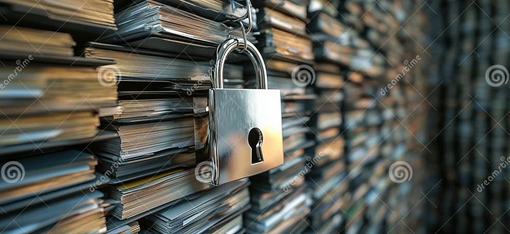 Locked Padlock Securing Documents, Stacks of Files in Background ...