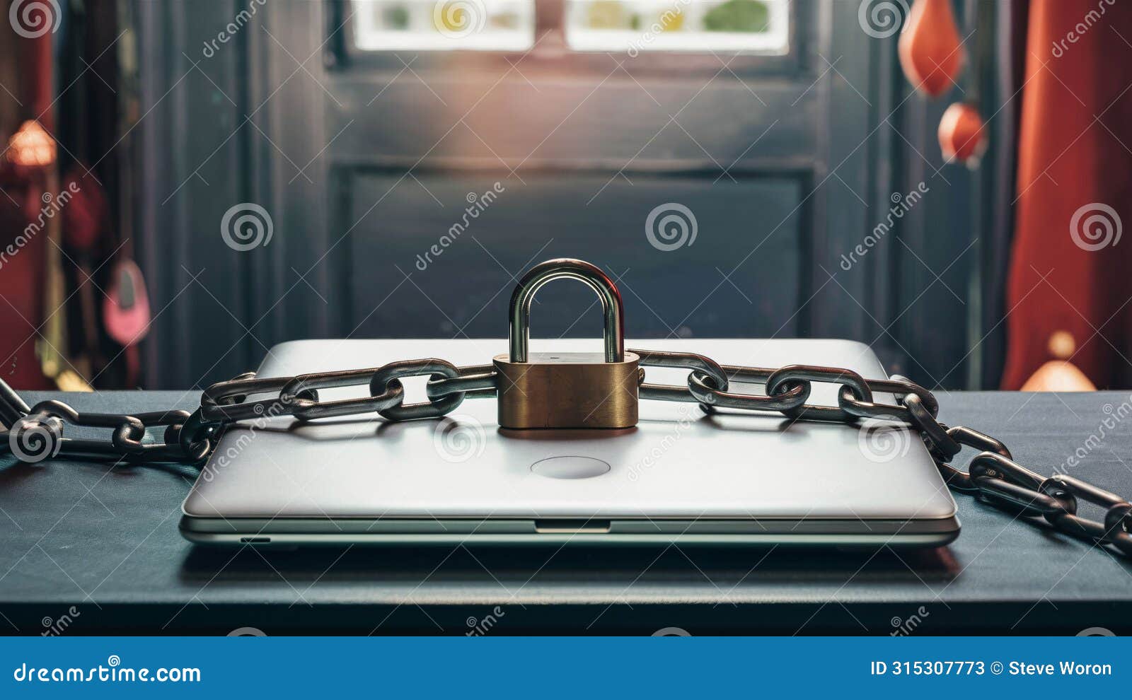 A Locked and Secure Computer Laptop Under Lock and Chain Metaphor Stock ...