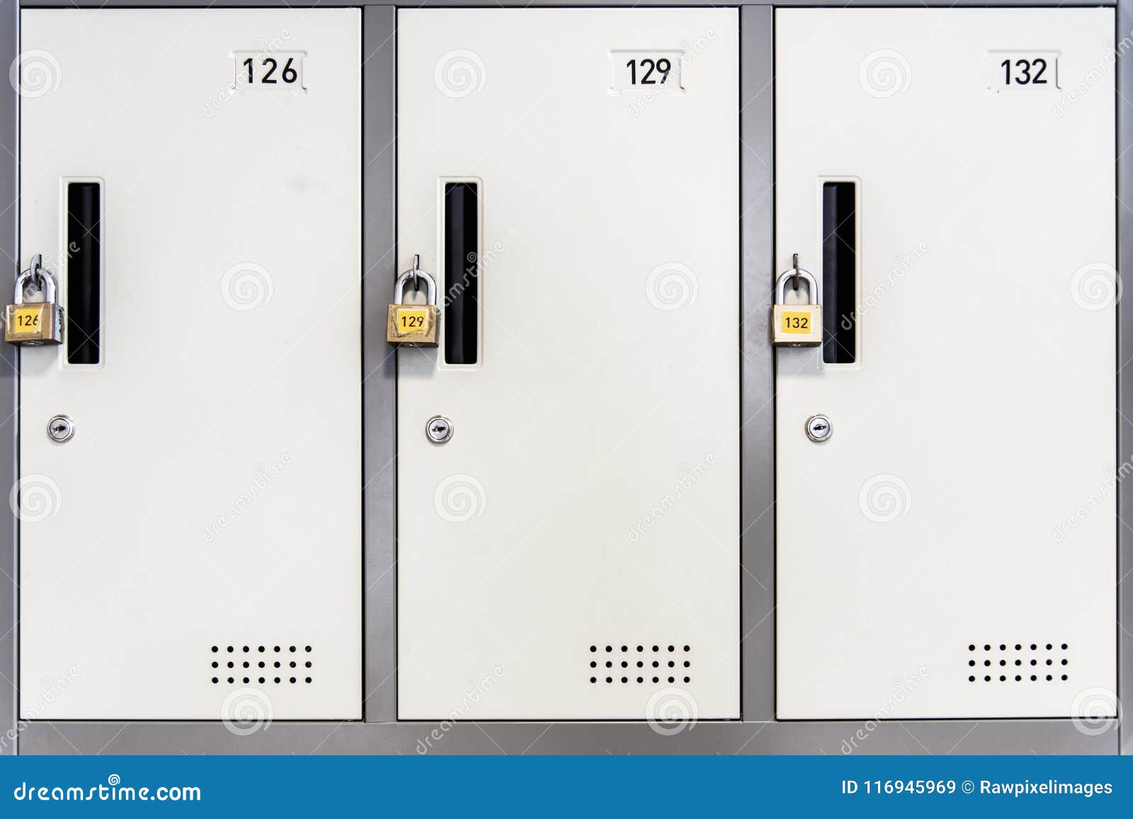 White Lockers With Switched-on Light In Locker Room In Gym. 3d ...