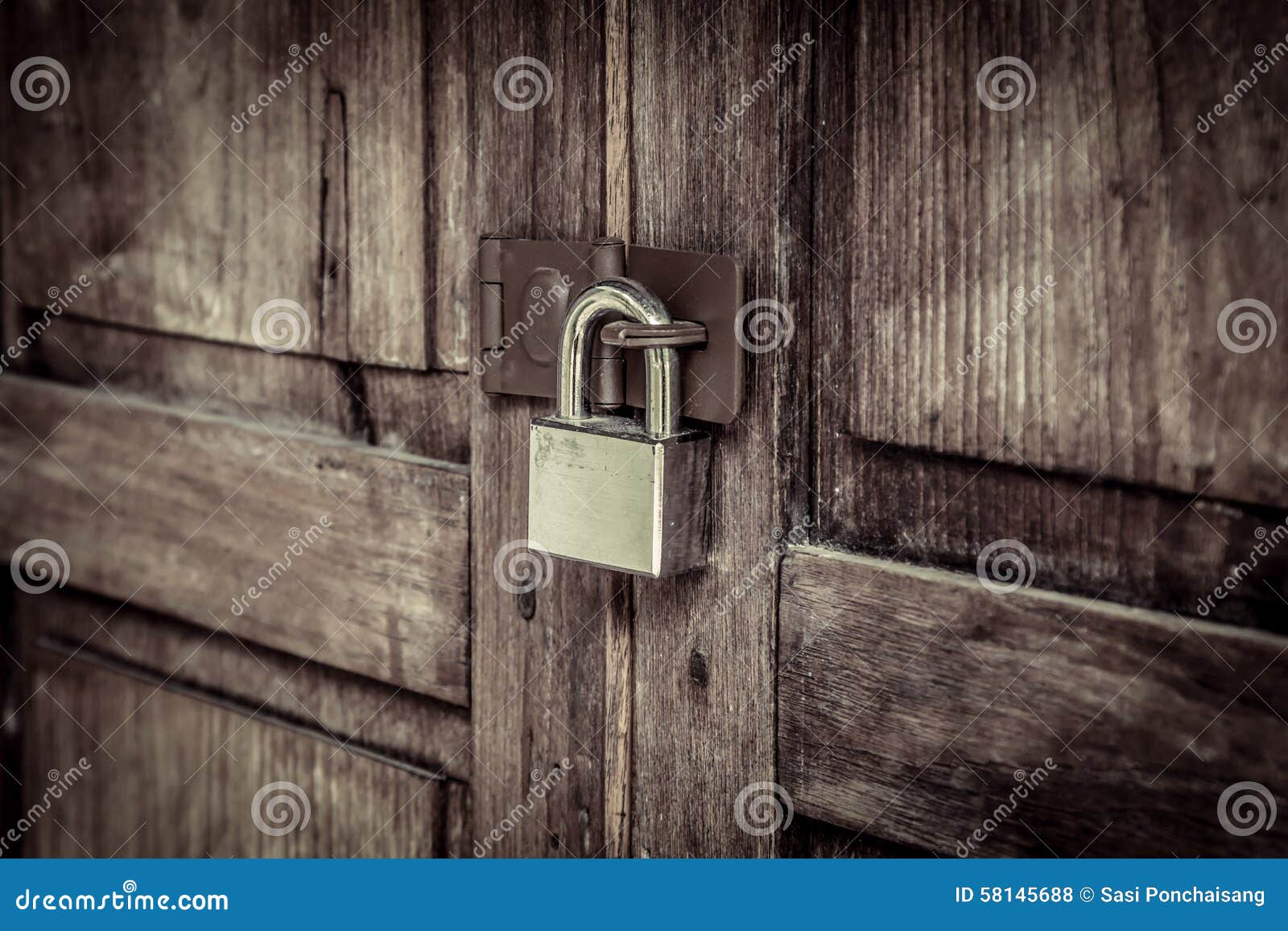 Locked Wooden Door with Silver Padlock Stock Photo - Image of closeup ...