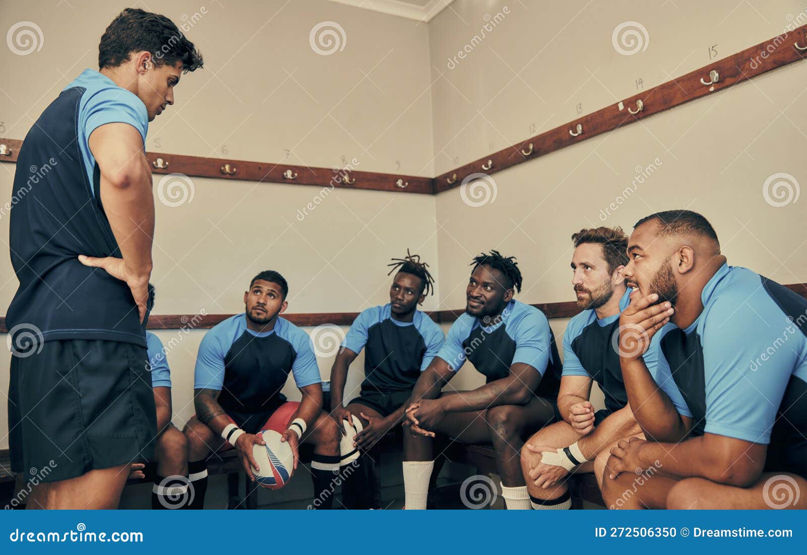 Locker Room, Motivation and Rugby Team with Coach or Captain in ...