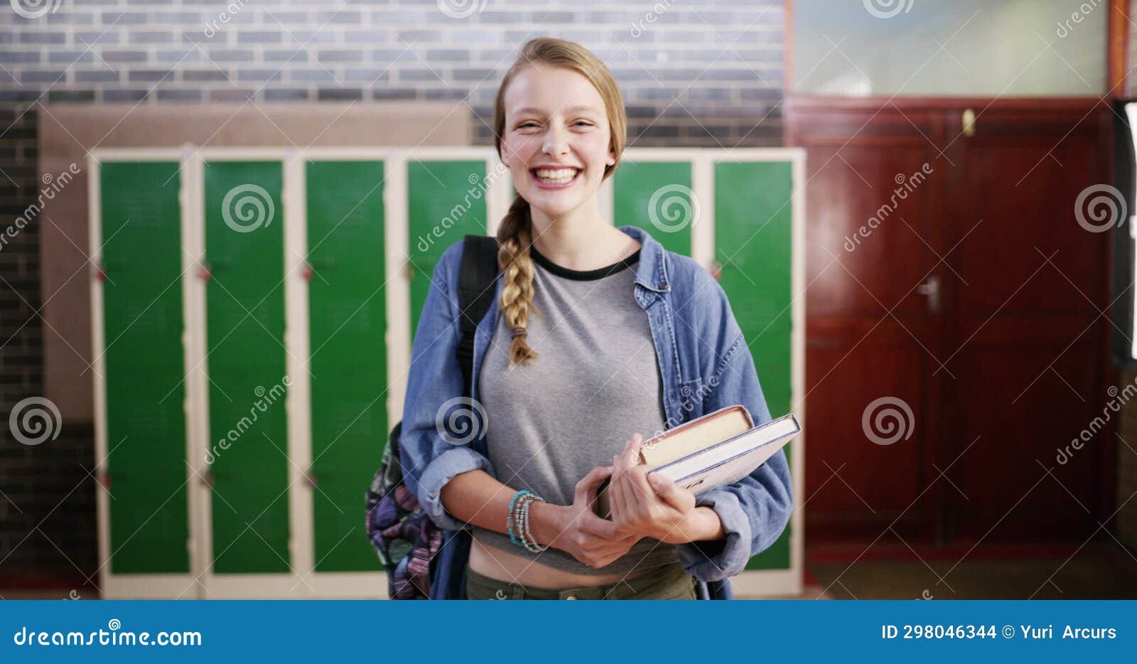 Locker, School and Face of Happy Student with Books Excited for Learning, Studying and Knowledge ...