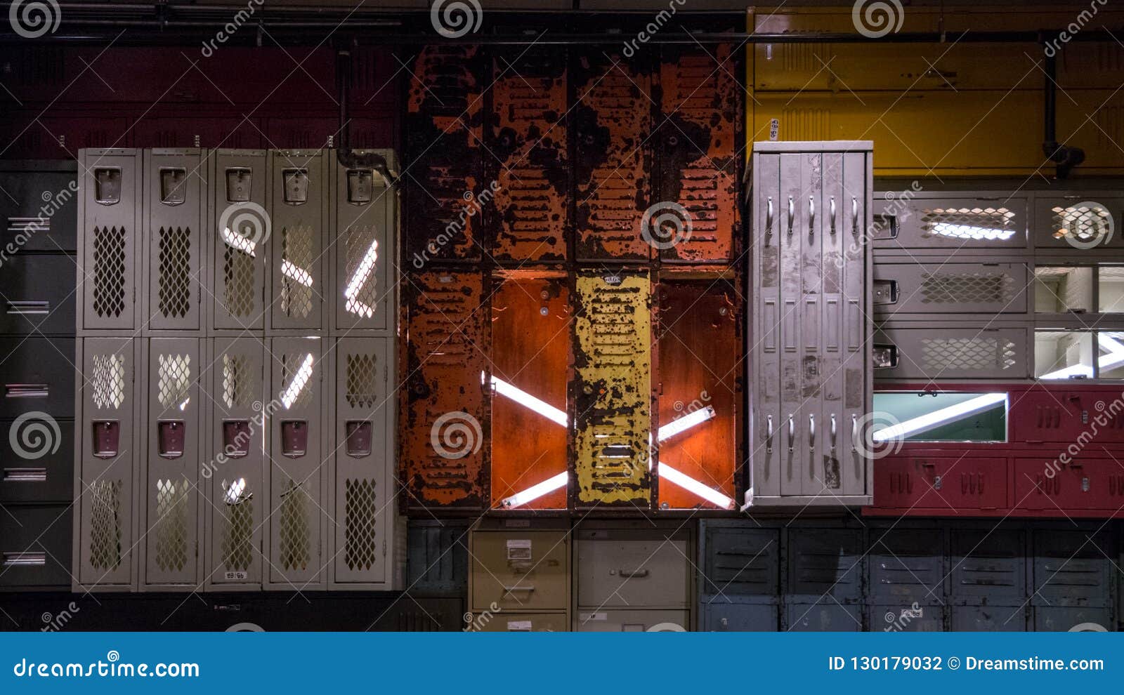 Locker Wall with Neon Lights Stock Photo - Image of indoors, neon ...