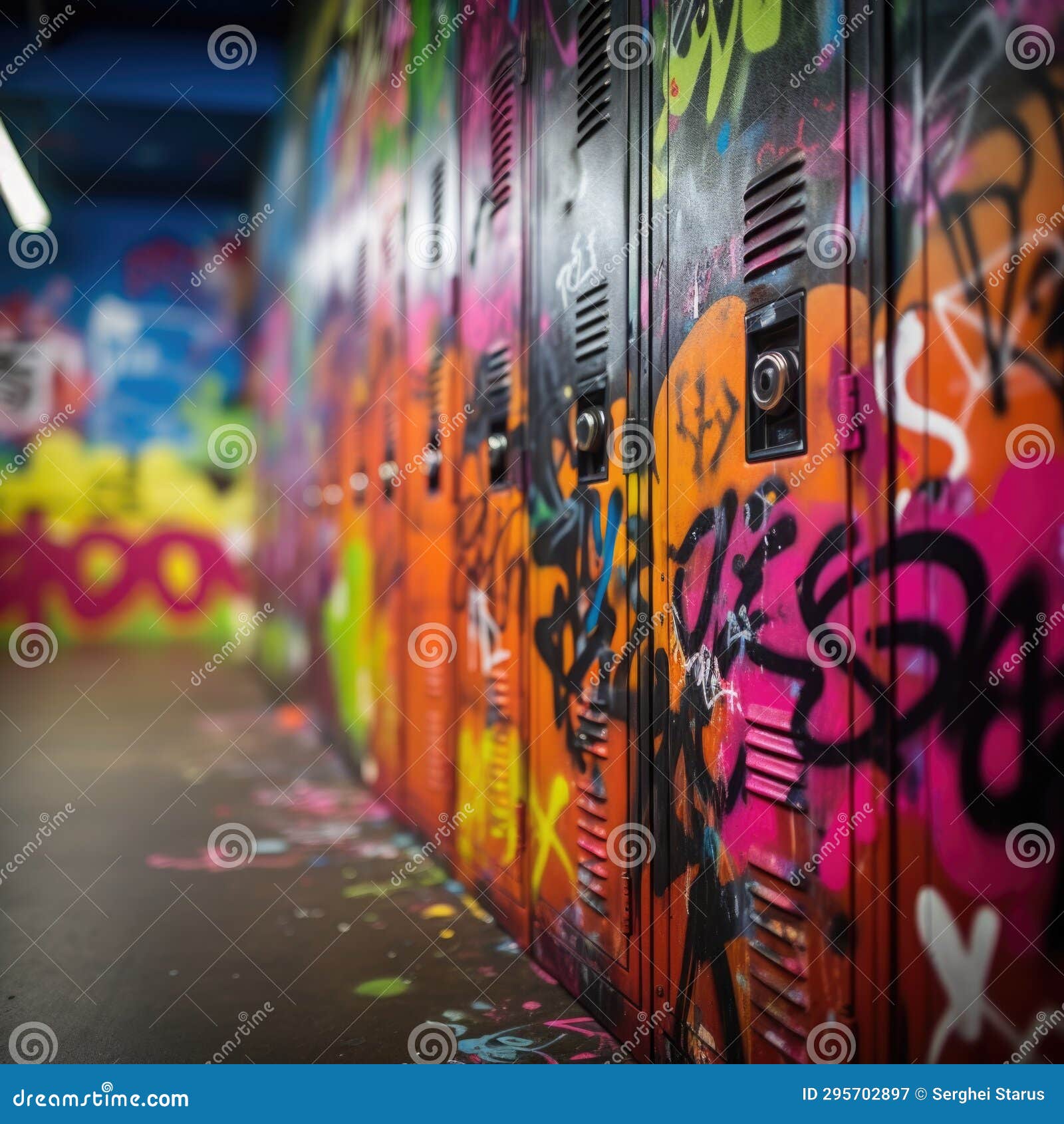 Lockers Covered in Graffiti in a Hallway, AI Stock Illustration ...