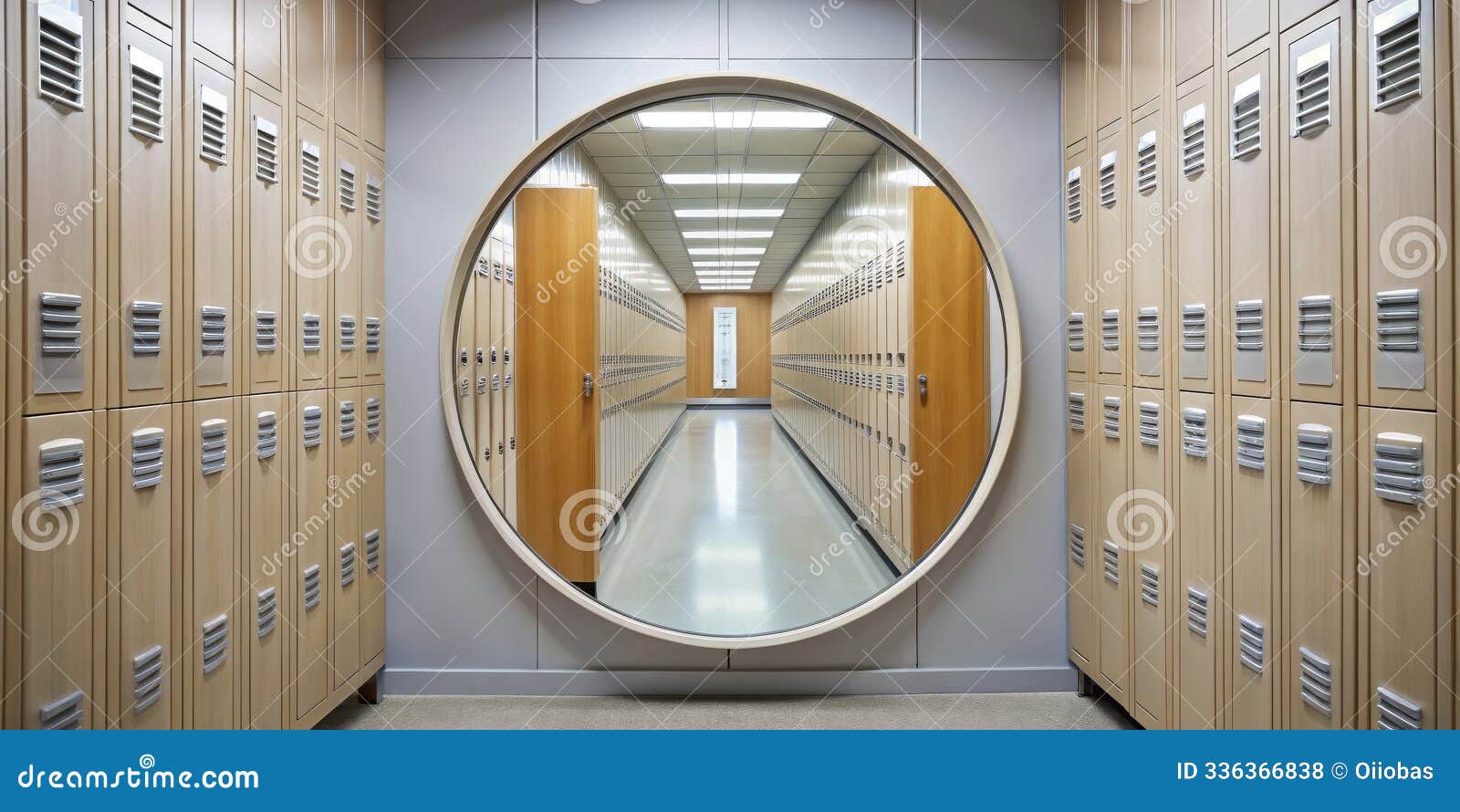 Lockers in a Hallway Reflected in an Arched Mirror Stock Illustration ...
