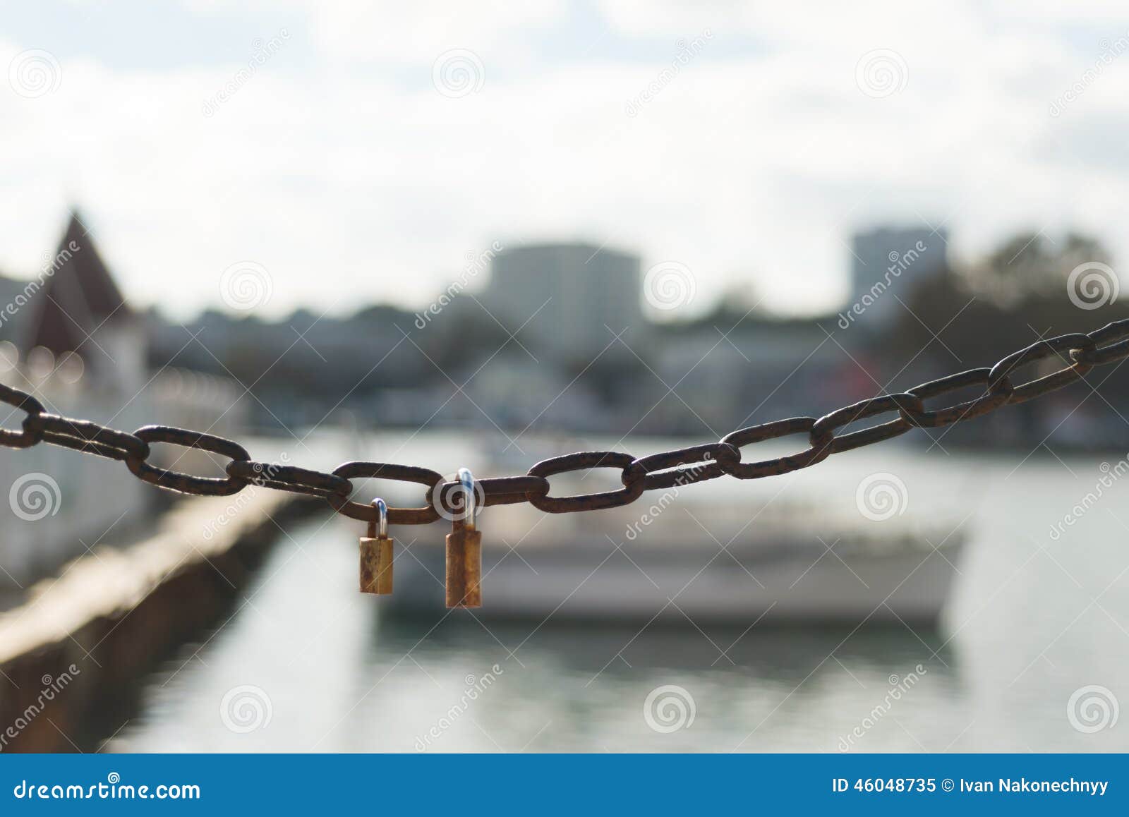 Locks on the chain stock image. Image of security, river - 46048735