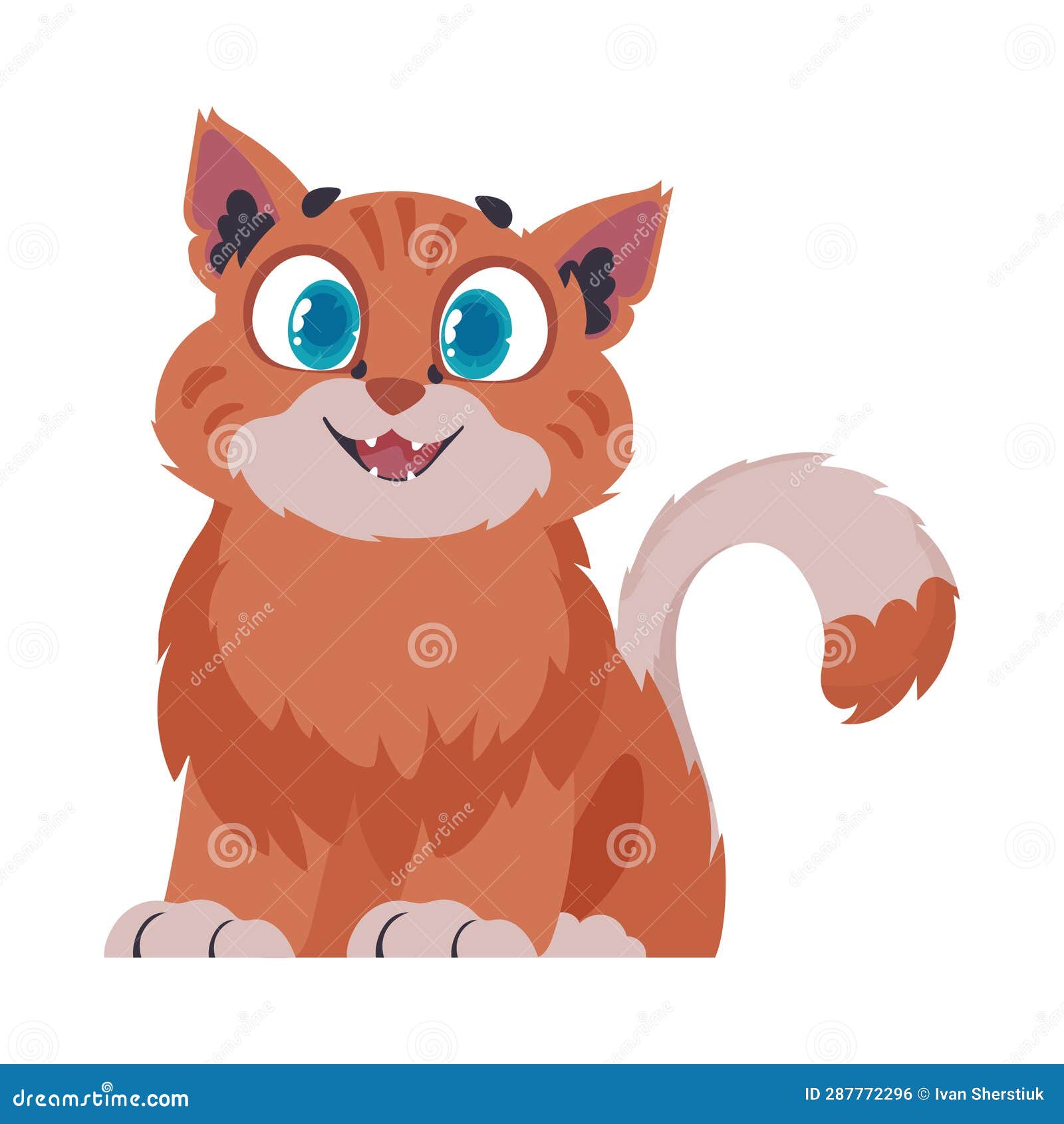 Locks in Cheerful Ruddy Cat. Grinning Cat. Cartoon Style, Vector ...