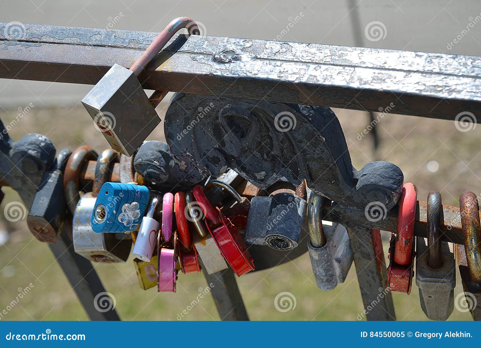 The locks on the railing. stock image. Image of security - 84550065