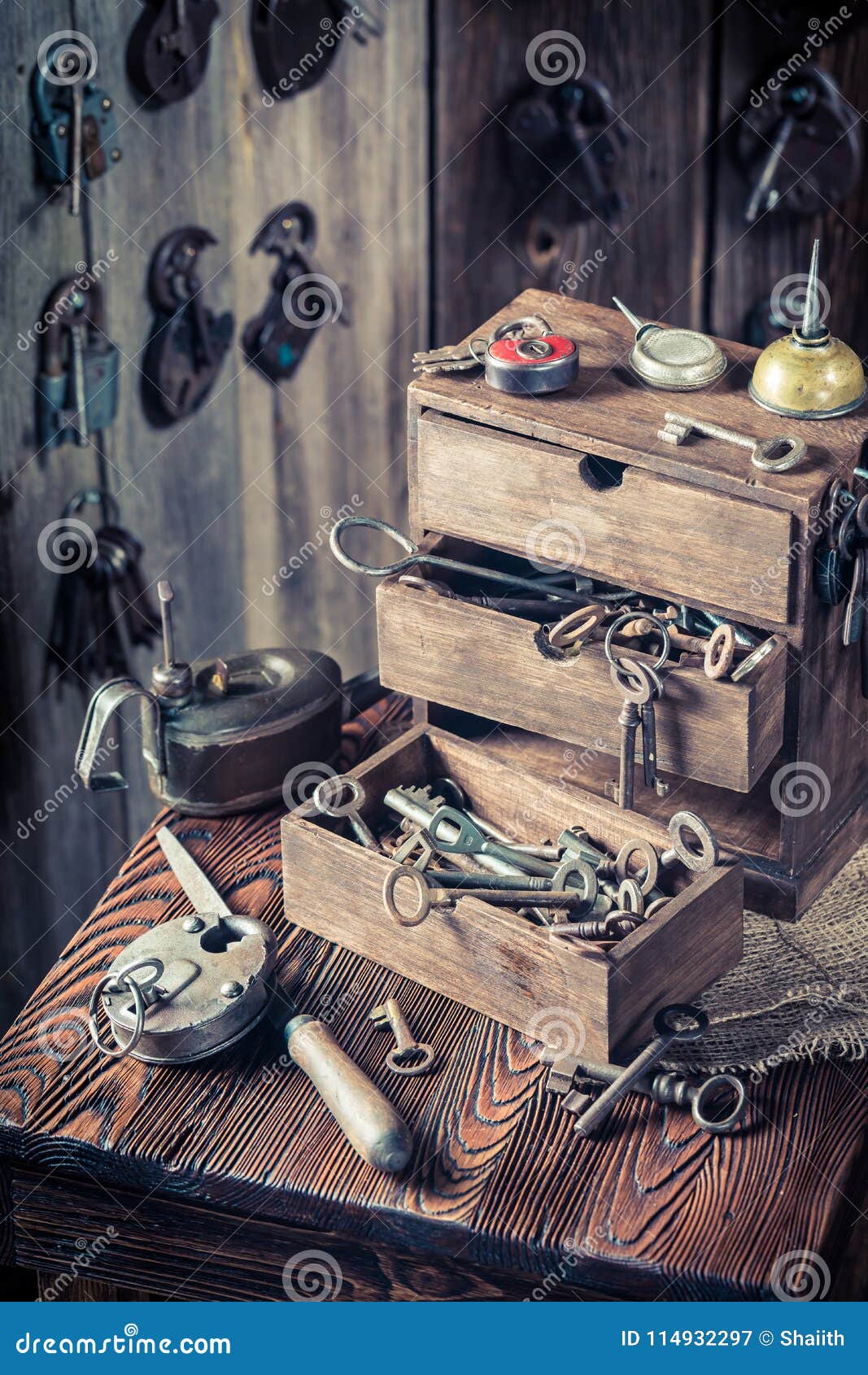 Locksmiths Workshop with Ancient Tools and Locks Stock Image - Image of ...