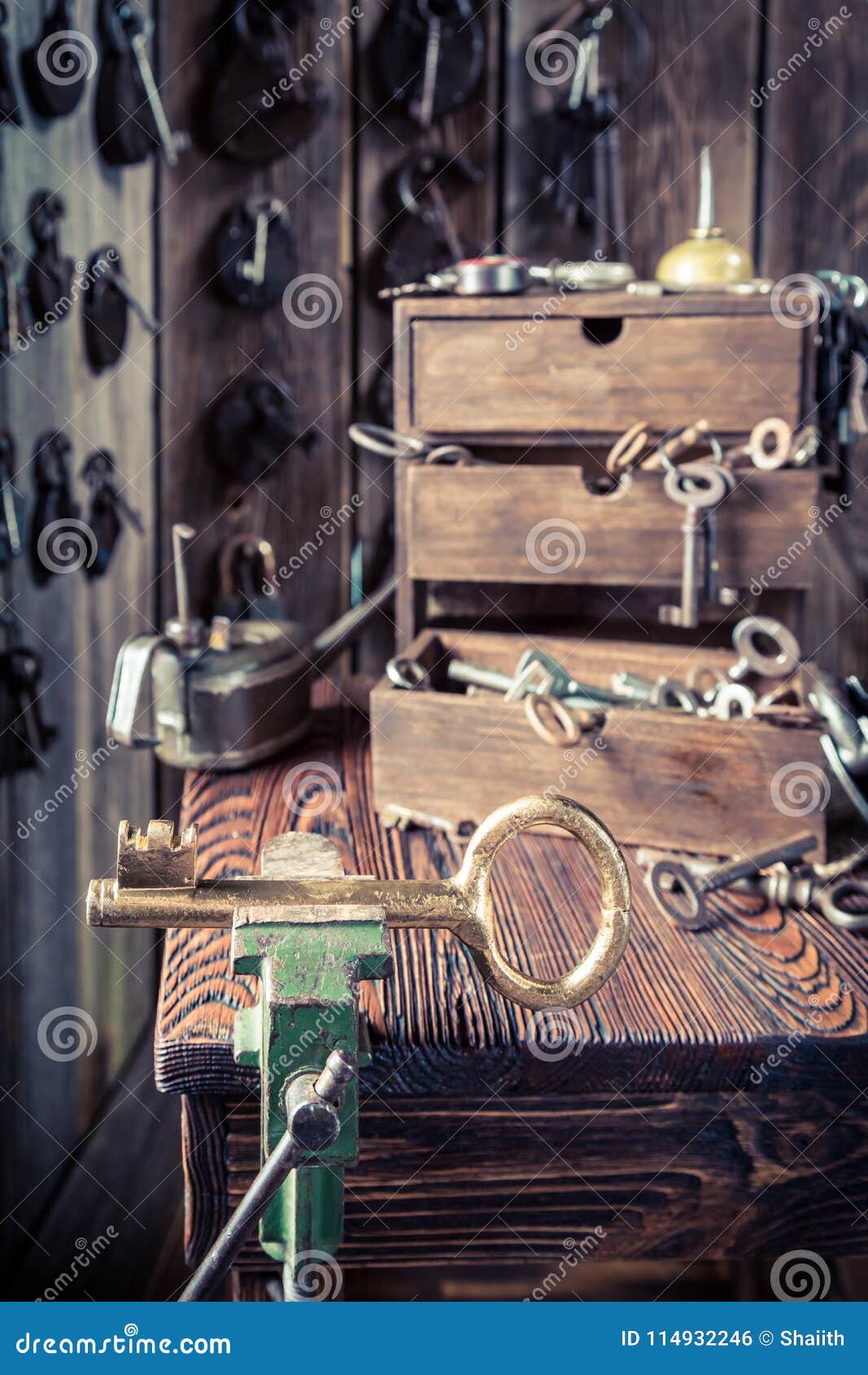 Locksmiths Workshop with Old Keys and Locks Stock Photo - Image of ...