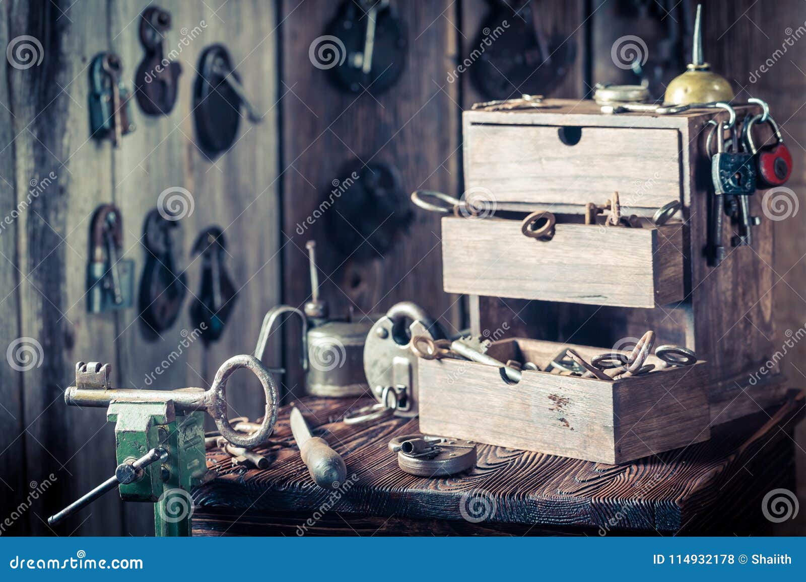 Locksmiths Workshop with Tools, Keys and Locks Stock Photo - Image of ...