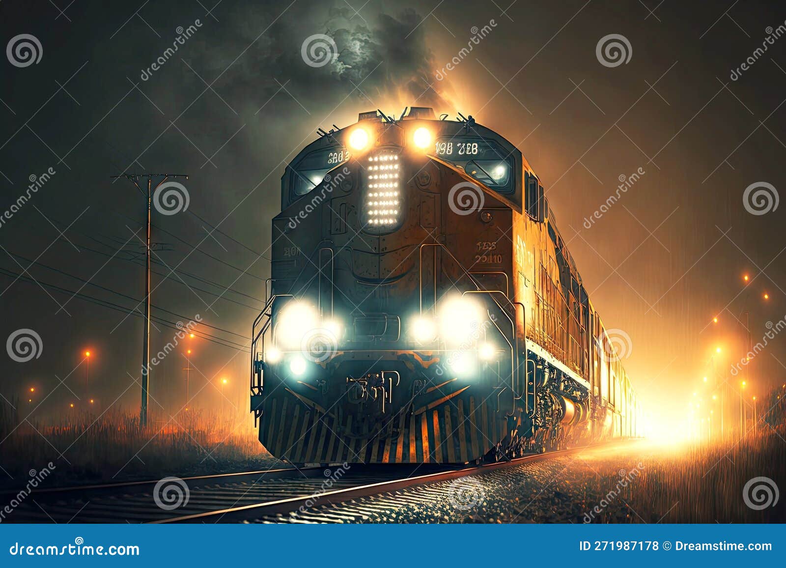 Locomotive Lit Headlights and Pulls Cargo Train on Rails at Night Stock ...