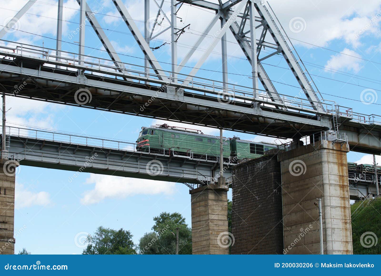 Locomotive of the Train Goes Over the Bridge Over the Bridge Stock ...
