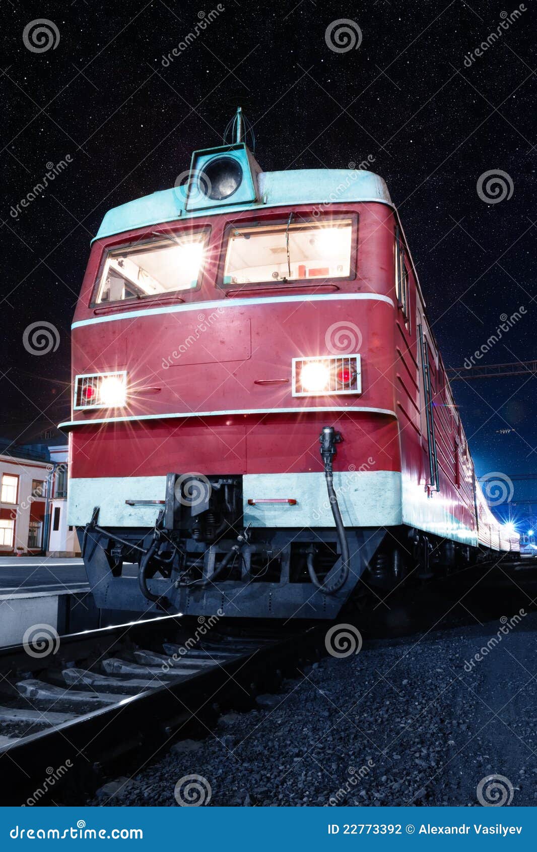 Locomotive of a Train on a Platform at Night Stock Photo - Image of ...