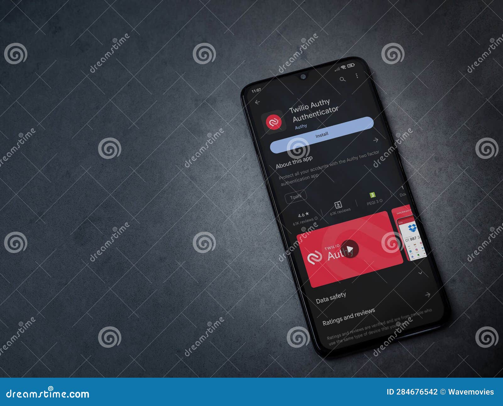 Twilio Authy Authenticator App Play Store Page On Smartphone On A Dark