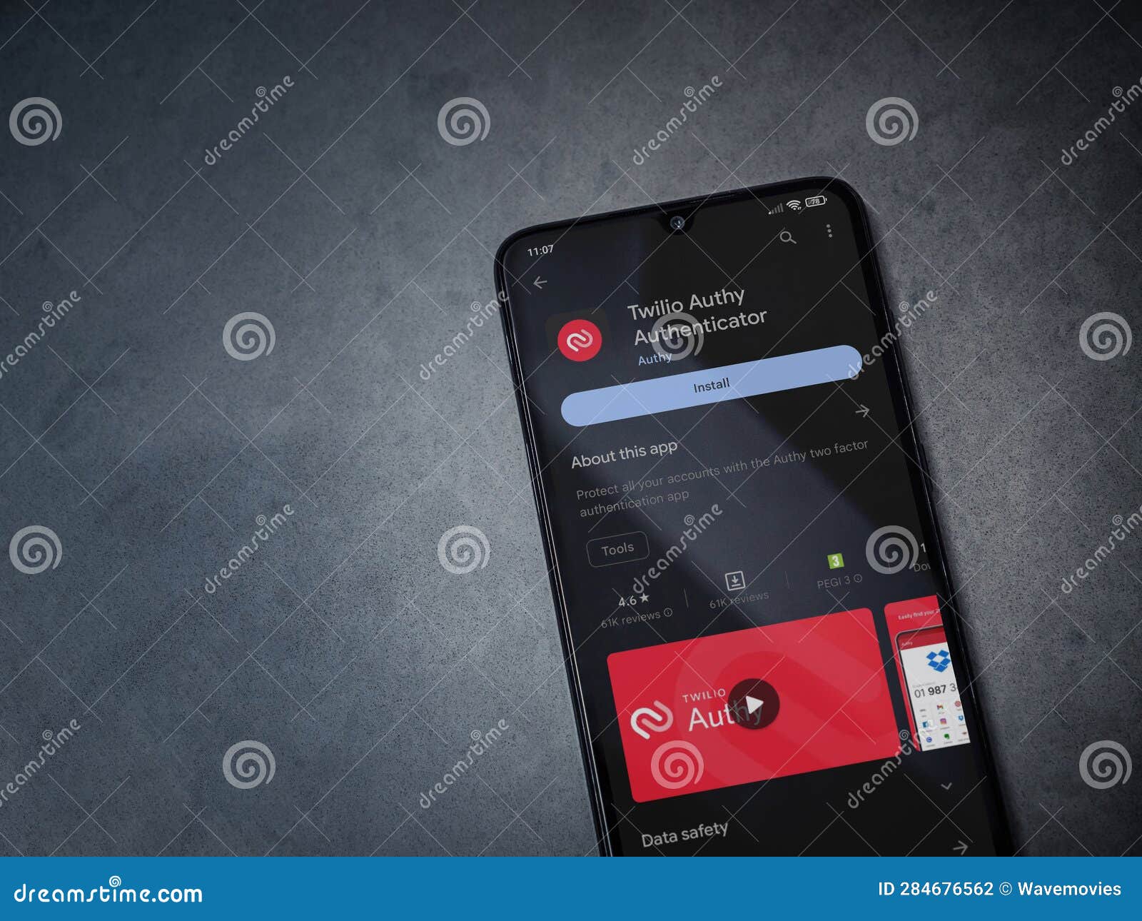 Twilio Authy Authenticator App Play Store Page On Smartphone On A Dark