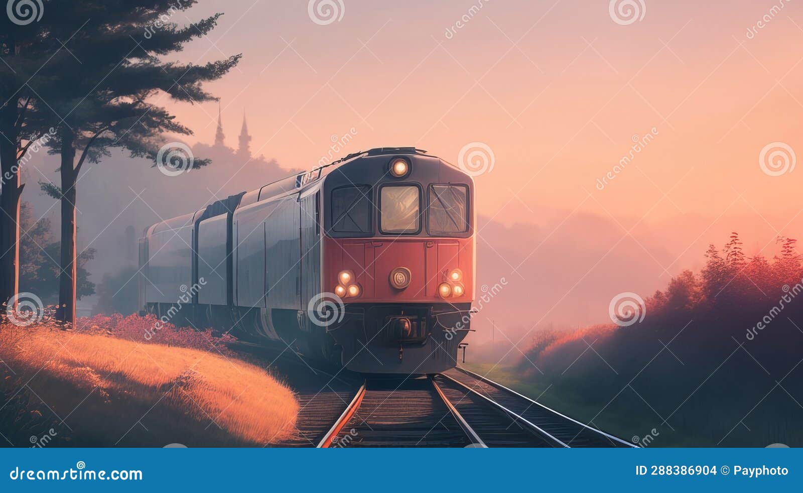Lofi Atmosphere with Passing Train and Beautiful Nature Illustration ...