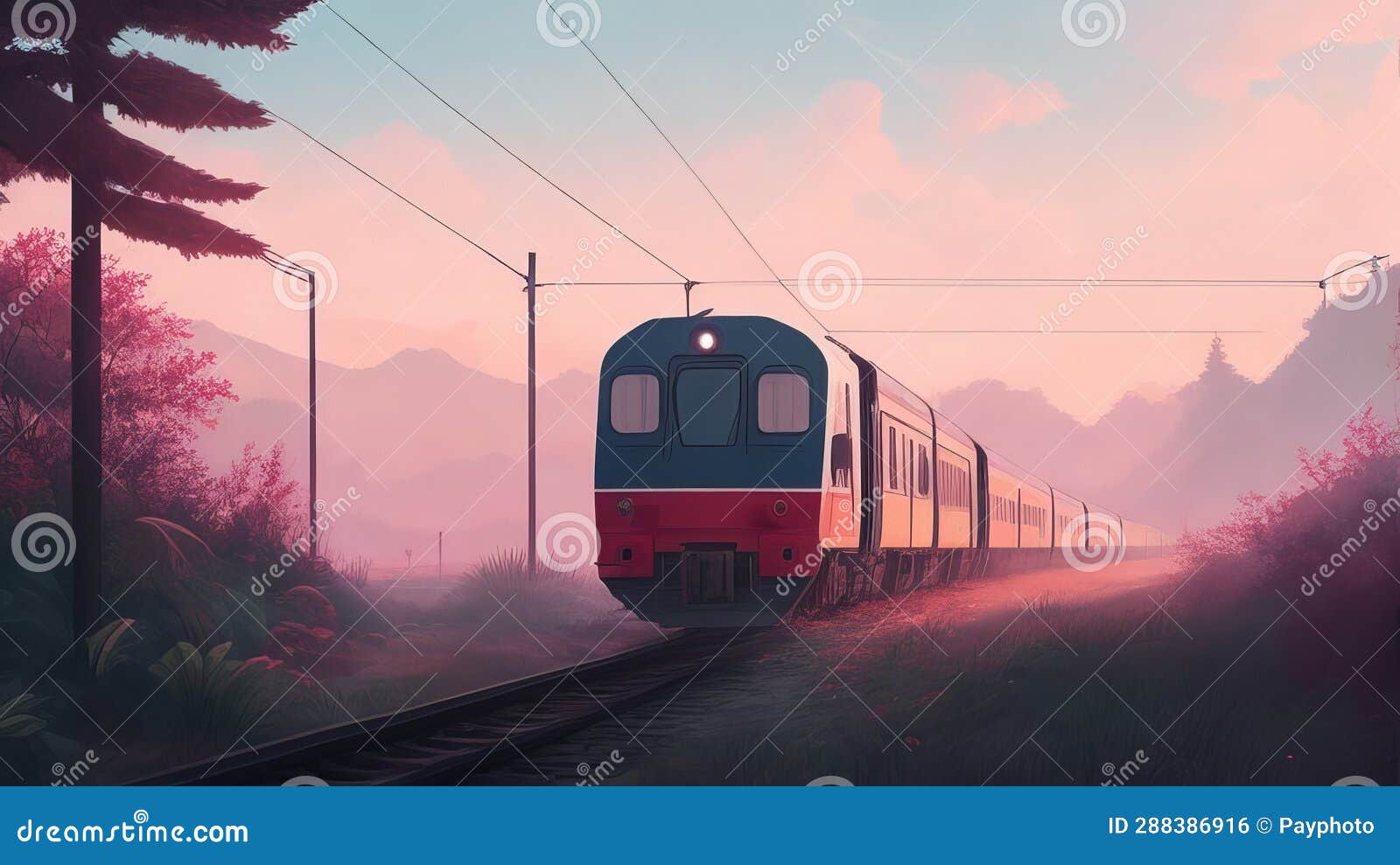 Lofi Atmosphere with Passing Train and Beautiful Nature Illustration ...