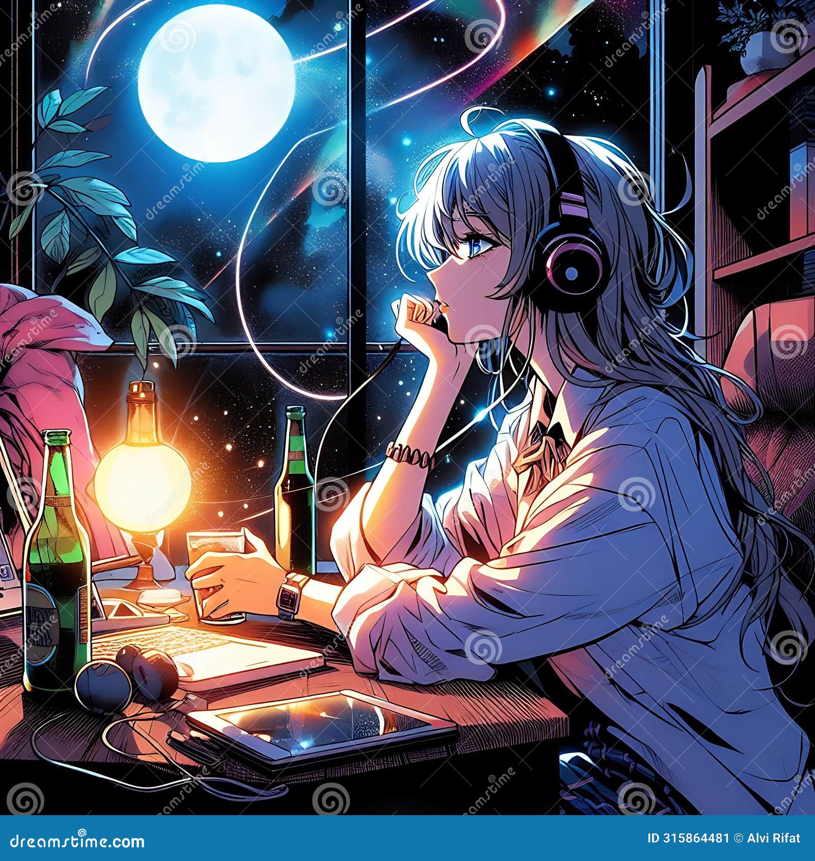 Lofi Girl is at Her Desk Studying. Image is Generated Using AI. Stock ...