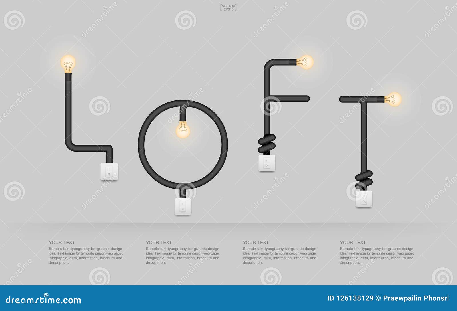 `LOFT` Abstract Linear Alphabet of Light Bulb and Light Switch on Gray ...