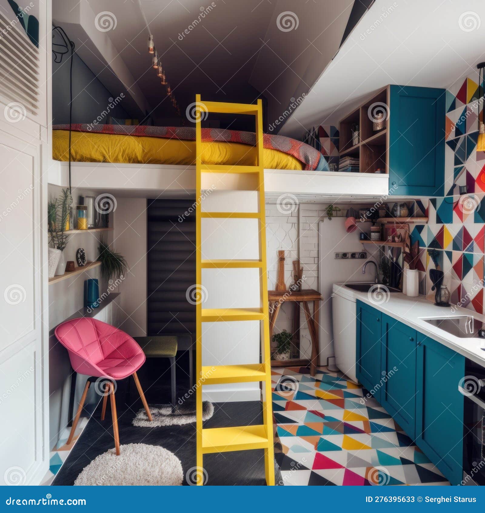 A Loft Bed with a Ladder in a Kitchen. AI Generative Image. Stock ...